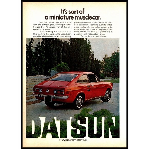 Datsun | Art | 972 Datsun 120 Red Sports Car Vintage Print Ad Garden ...